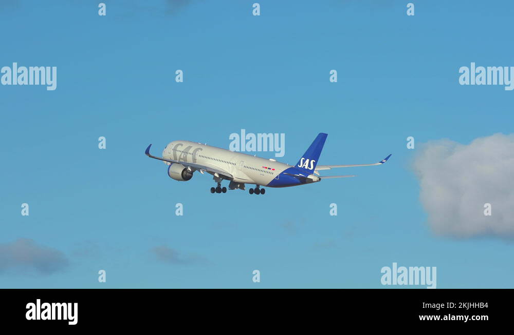 airplane sas airbus a350 takeoff rear view panning left oslo airport ...