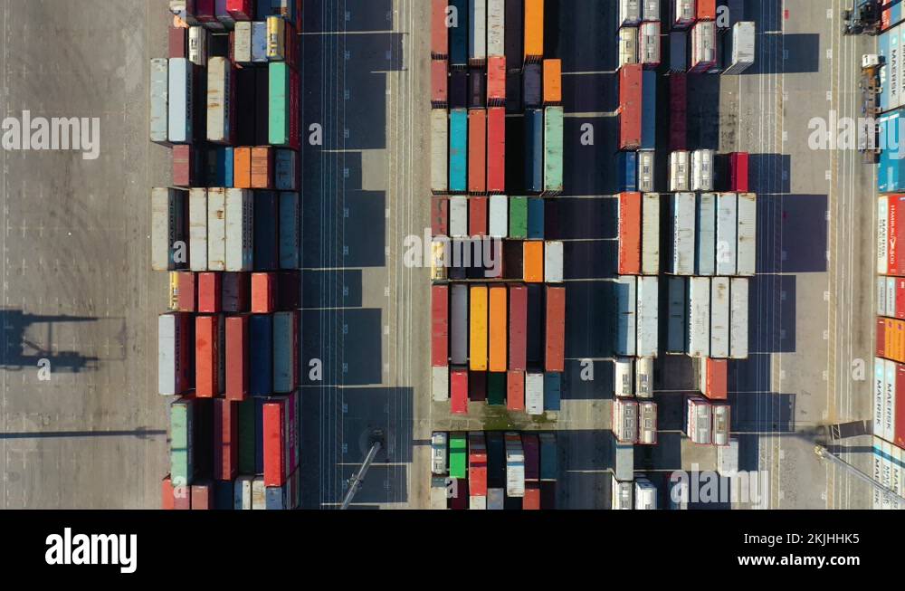 modern industrial port with containers from top view or aerial view ...