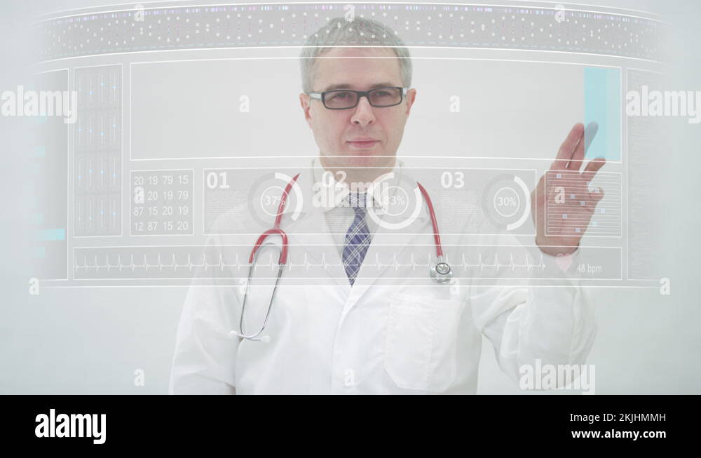 Doctor scrolls to HOSPITAL tab on a modern touchscreen display Stock ...