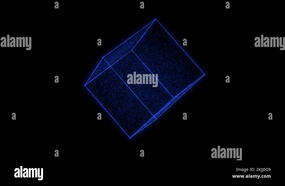 Rotating glowing cube HUD element. Container with moving particles ...