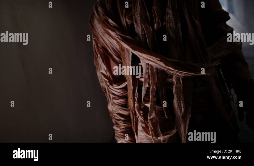 Scary ancient mummy covered in bandages in cursed hallway of old house ...