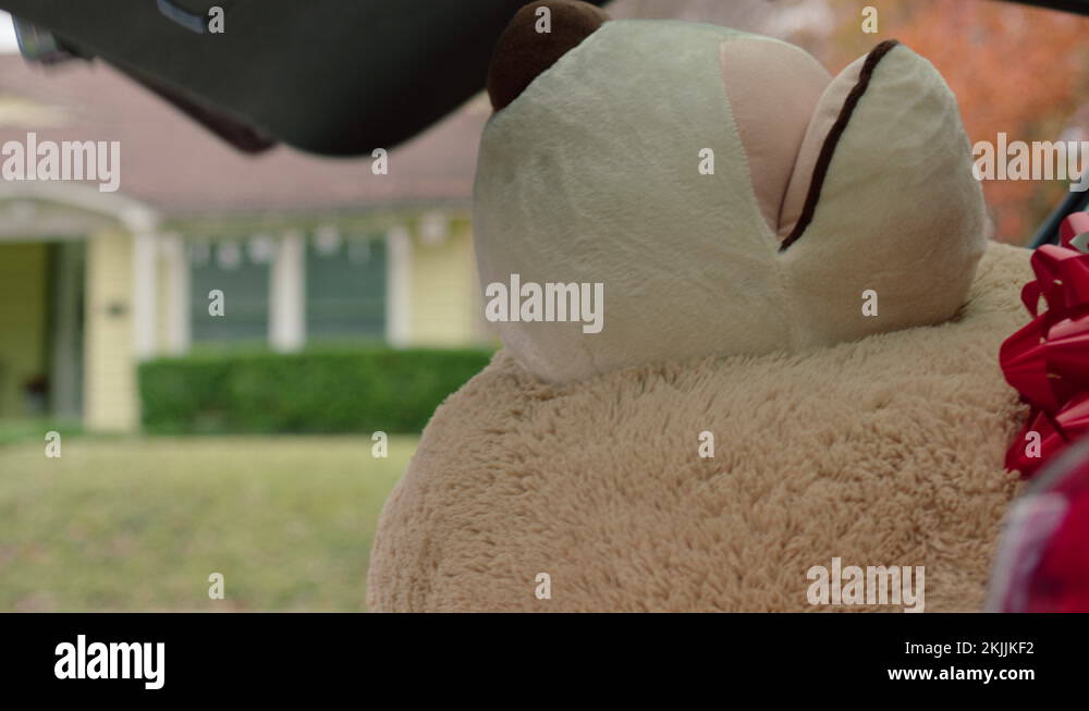 Close up on the trunk of a red car, as a man opens the door and pulls ...