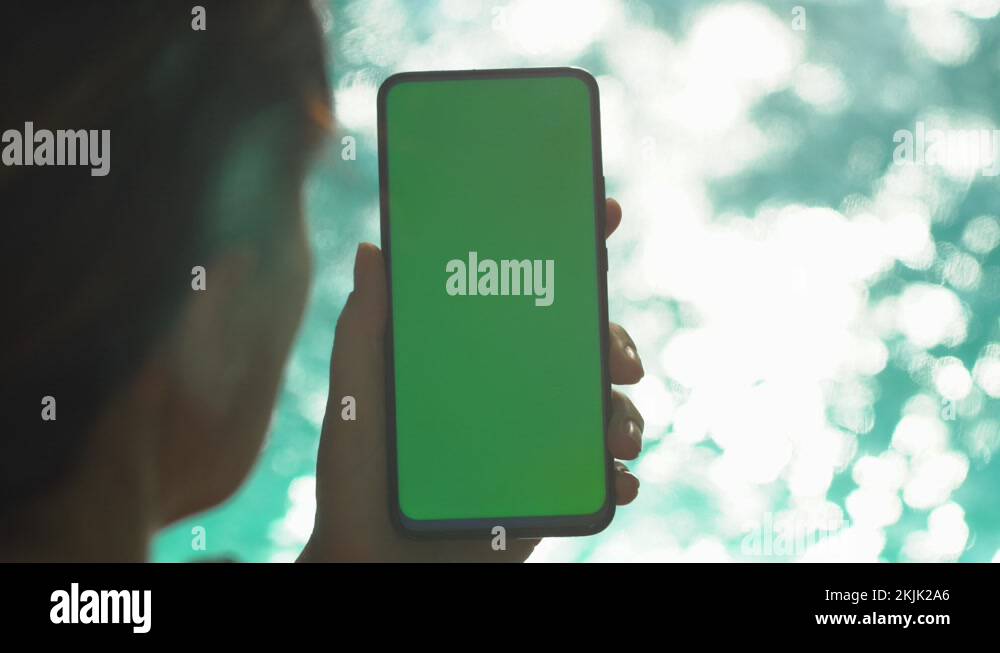 Handheld Camera: back view of brunette holding chroma key green screen ...