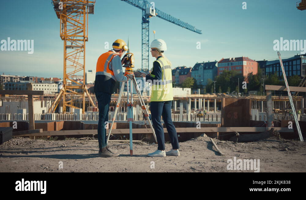 Construction Worker Using Theodolite Surveying Instrument Stock Video ...