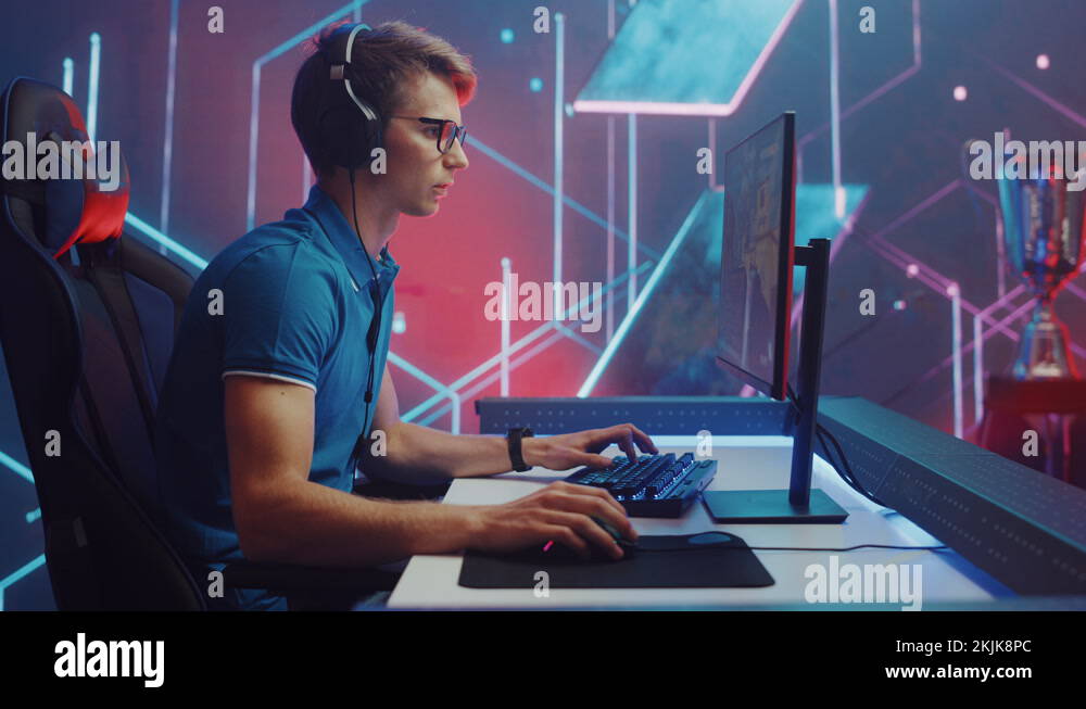 Video Game Tournament Gamer Playing 3D Shooter Side View Stock Video ...