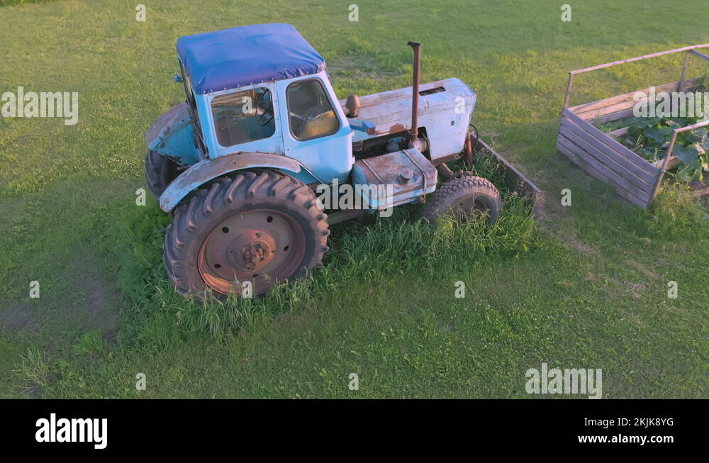 An aerial view of the Soviet-era tractor in the field in Ao Estonia ...