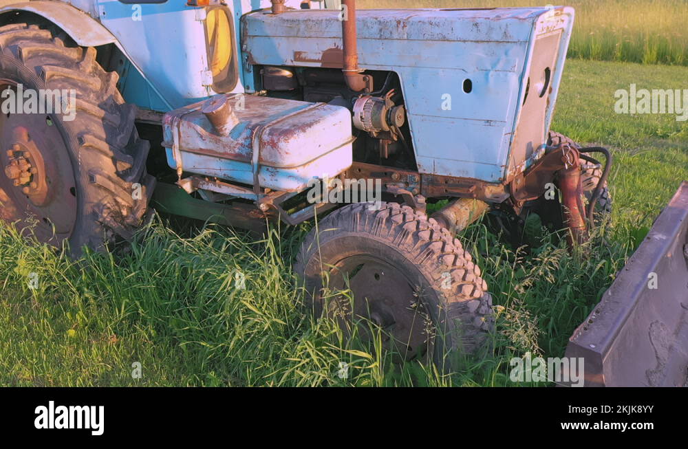 An aerial view of the blue Soviet-era tractor in Ao Estonia Stock Video ...