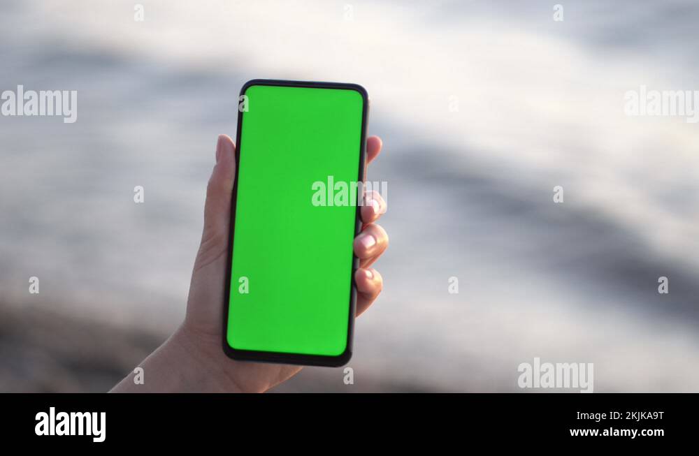 Handheld Camera: back view of brunette holding chroma key green screen ...