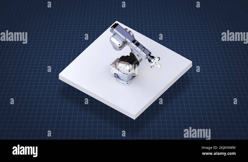 Factory robotic arm on a white square floor, IoT Future technology, 4k ...