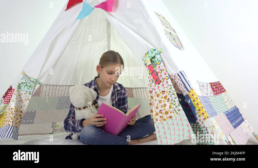 Kid Reading in Tent, Child Studying, Learning at Home, Blonde Girl ...