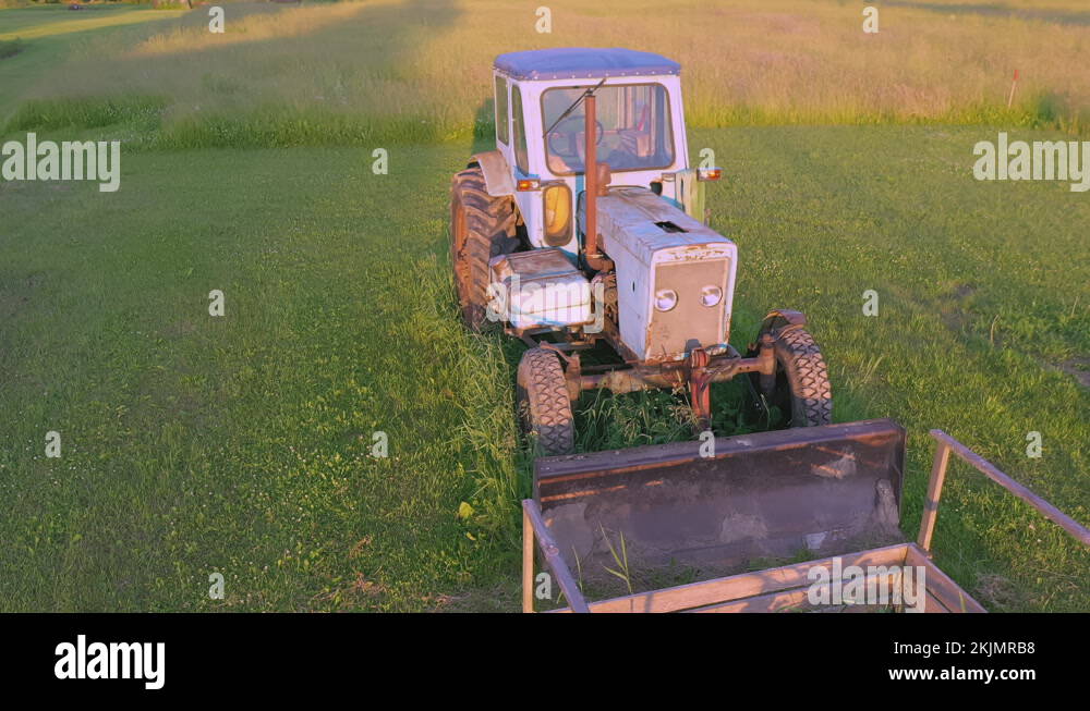 An aerial view of the blue Soviet-era tractor in Ao Estonia Stock Video ...