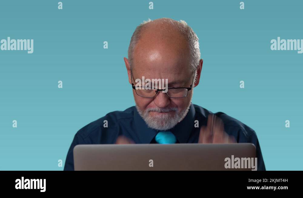 Funny business man has problem and yells at computer, furious in rage ...