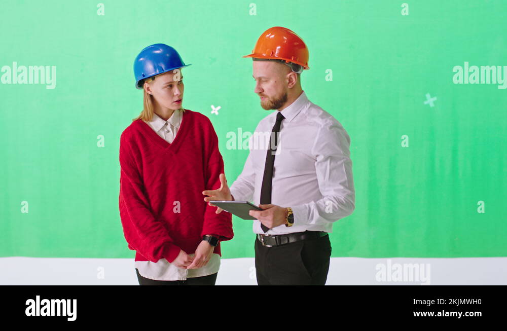 Large green studio one pretty lady and charismatic man with a safety ...