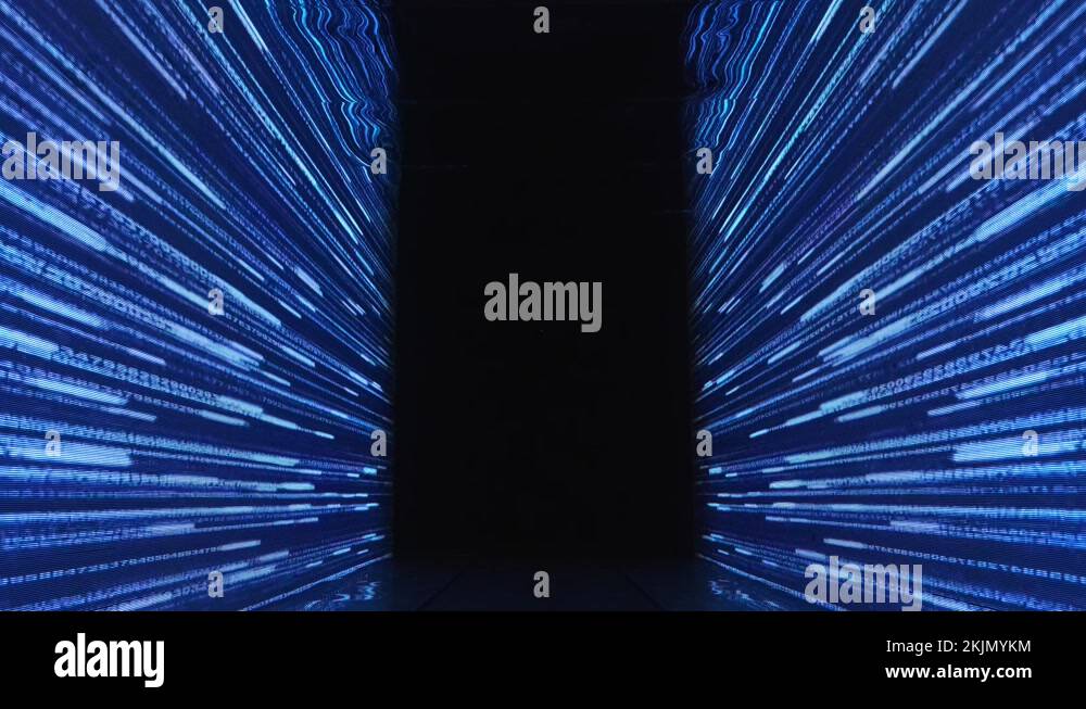 Animation of stellar acceleration in space and teleport. Dark room with ...