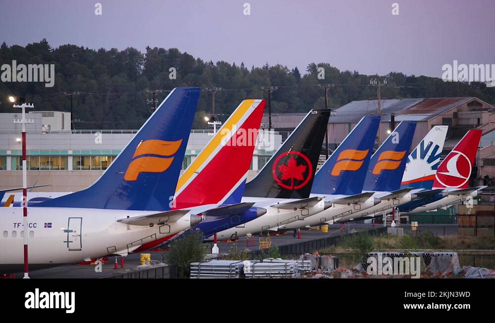 Row of Boeing 737 MAX airplane tails grounded at Boeing Field Airport ...