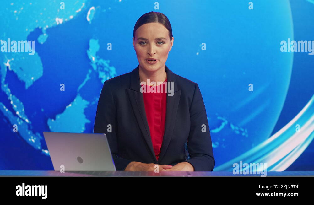 Female Newscaster in News Studio Talking Stock Video Footage - Alamy