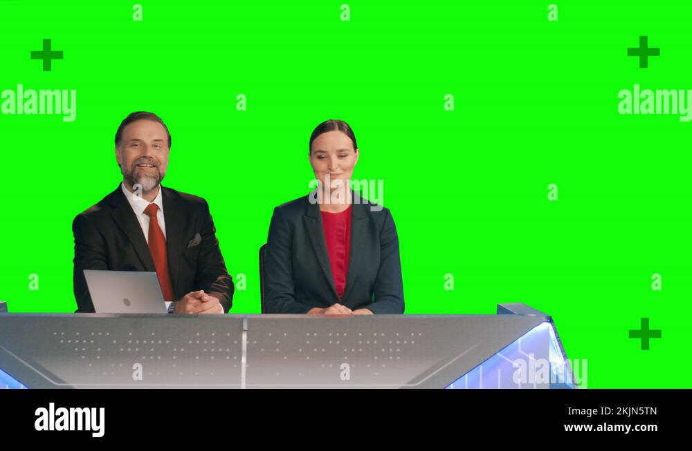 Two Newscaster Talking Green Screen Background News Studio Stock Video ...
