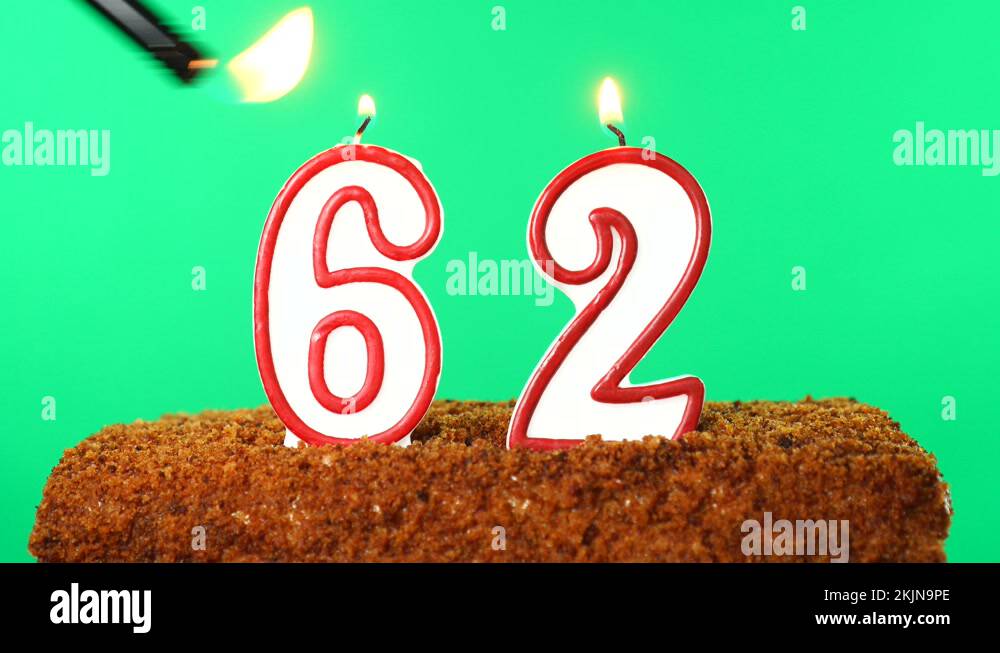 Cake with the number 62 lighted candle. Chroma key. Green Screen ...