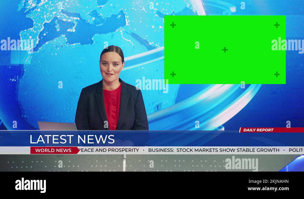 News Studio Female Anchor Talking Green Screen Placeholder Stock Video ...
