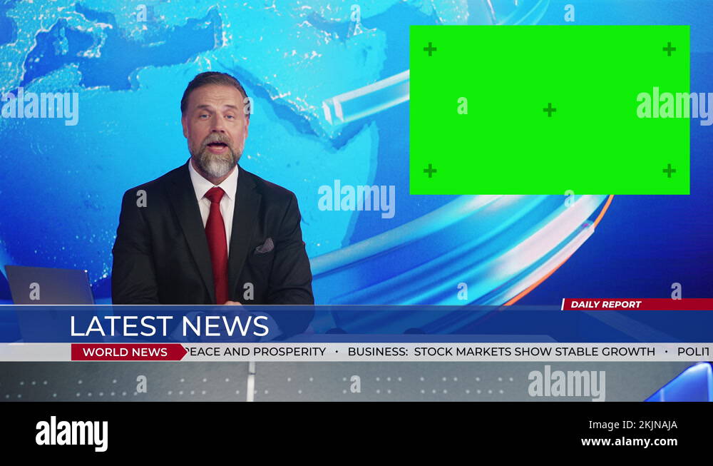 News Studio Anchor Talking Green Screen Placeholder Stock Video Footage ...