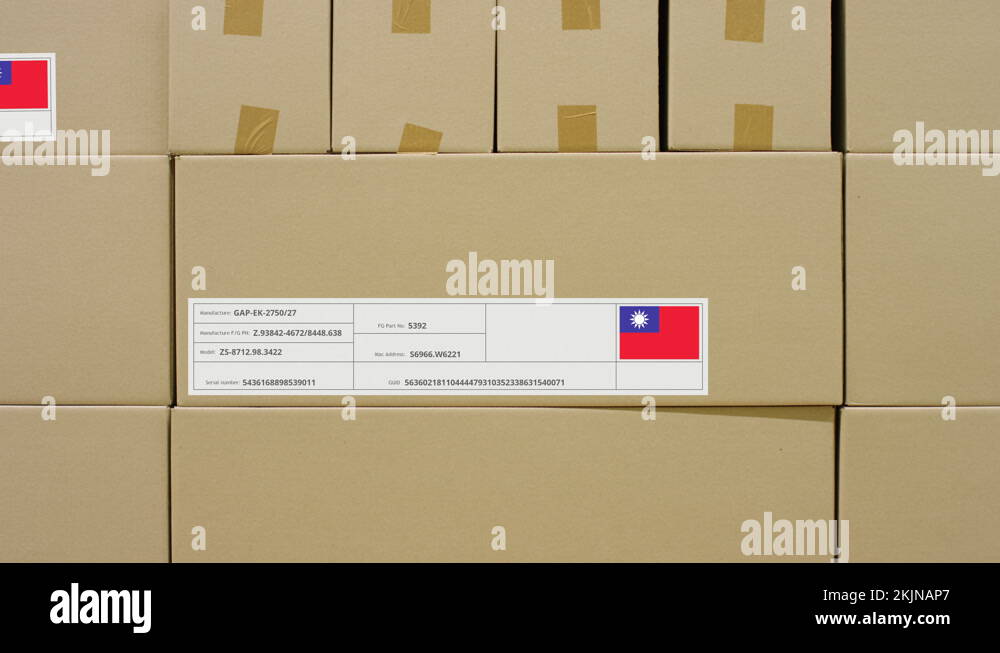 MADE IN TAIWAN text and flag label on the carton in a storage ...