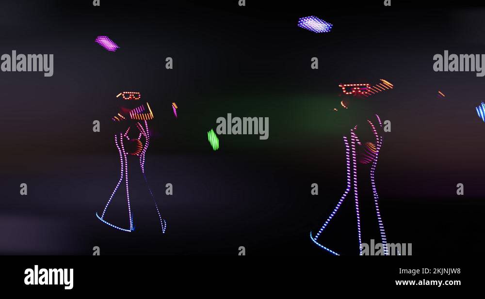 Two go go dancers in the club are performing a light show, neon, 4k ...