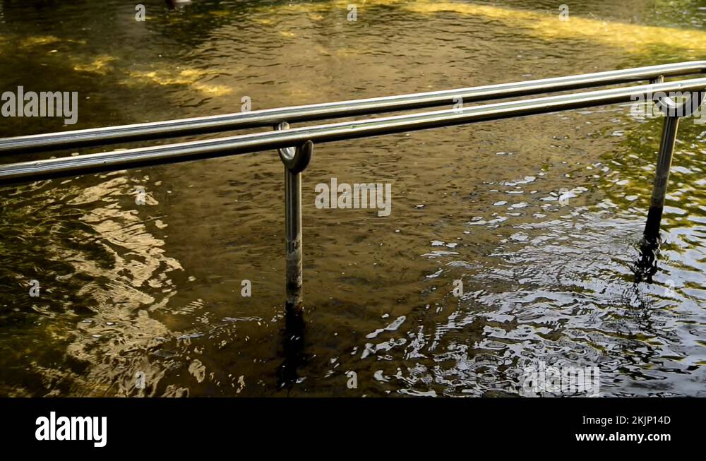 man walks in a kneipp water walking facility on the shore of the Danube ...