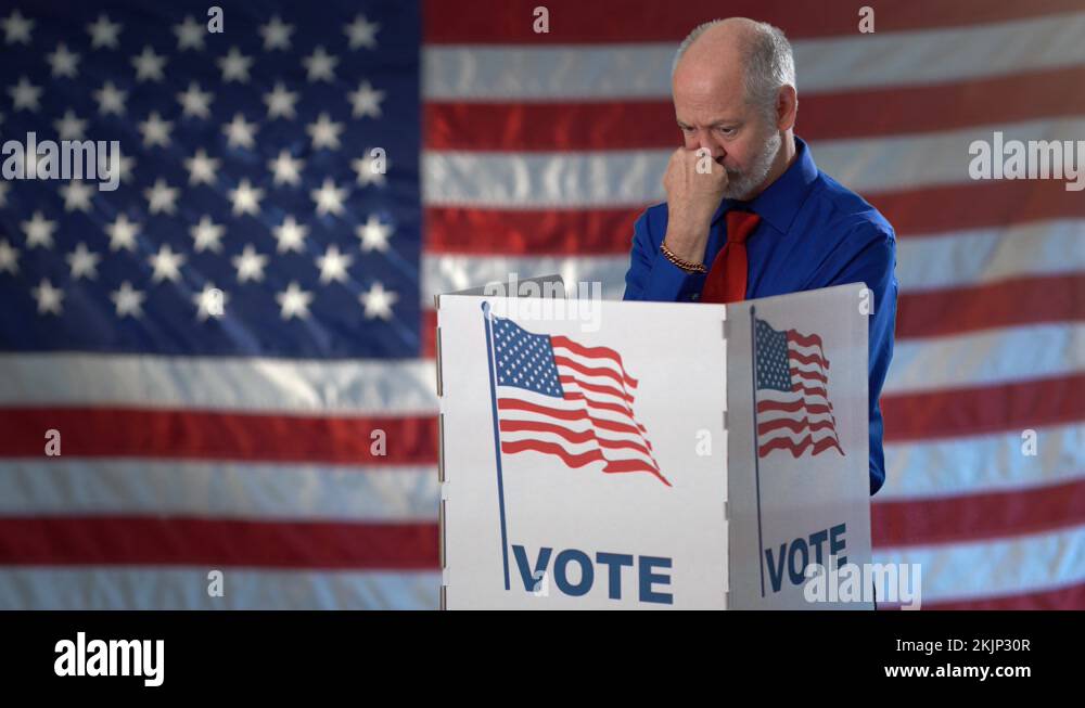 Conceptual portrait on US flag background of angry frustrated man ...