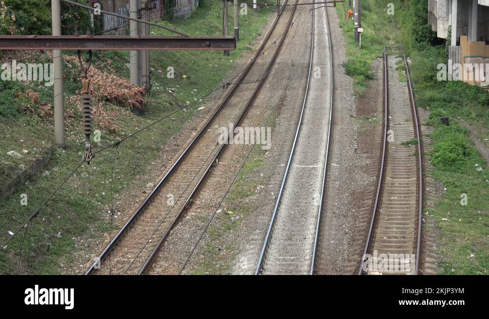 Three railroad tracks in the old industrial zone of the Kyiv city Stock ...