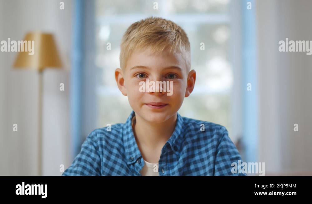 Happy cute little vlogger waving hand saying hello hi looking at camera ...