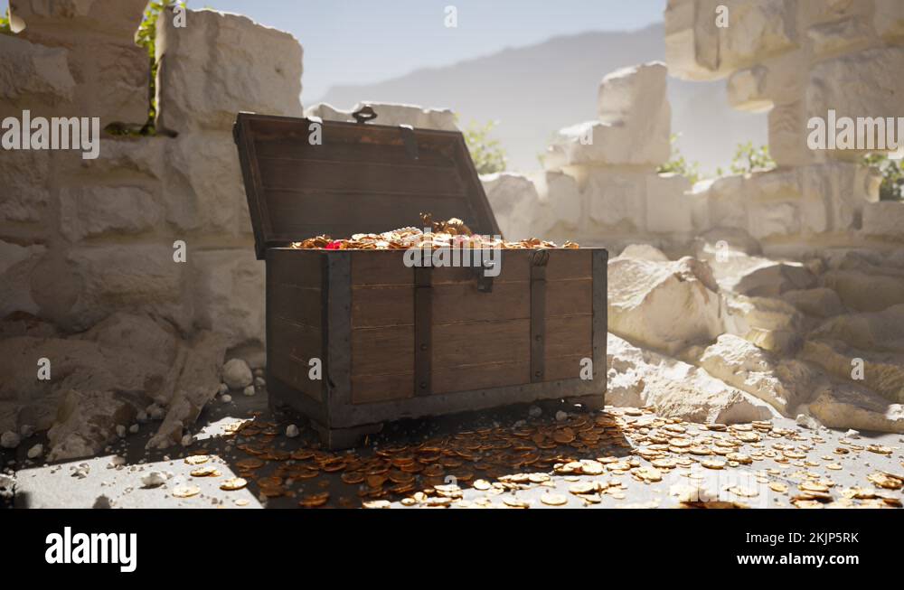 The open old chest full of golden coins, jewellery and diamonds ...