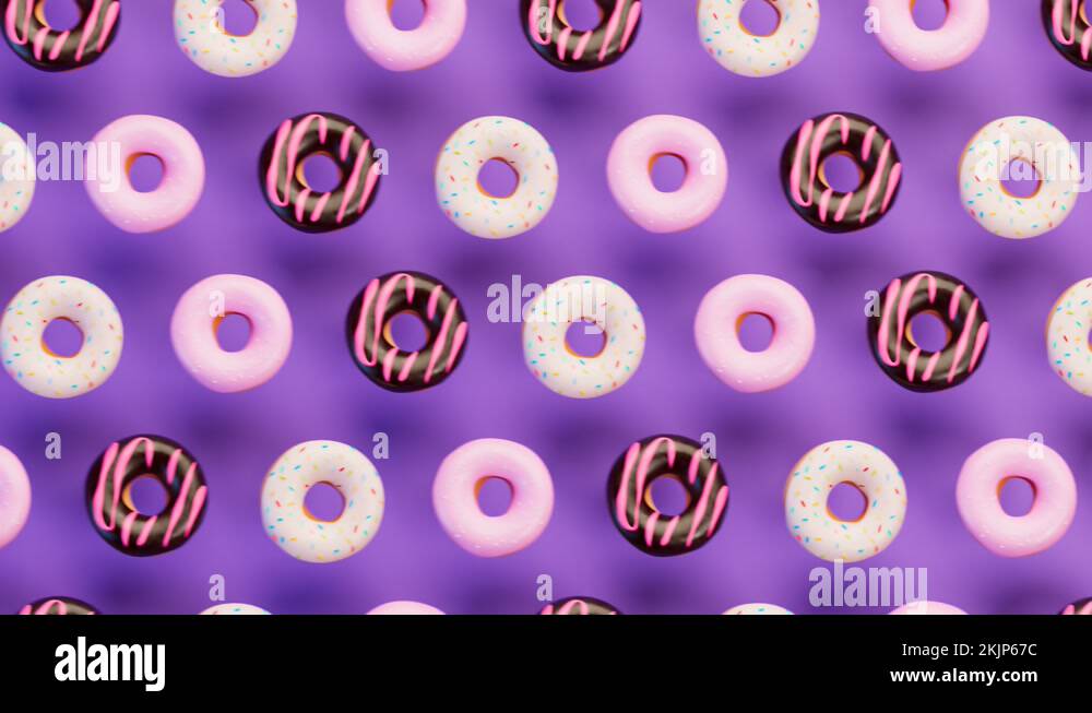 Seamless loop animation of jumping donuts. Colourful various decorated ...