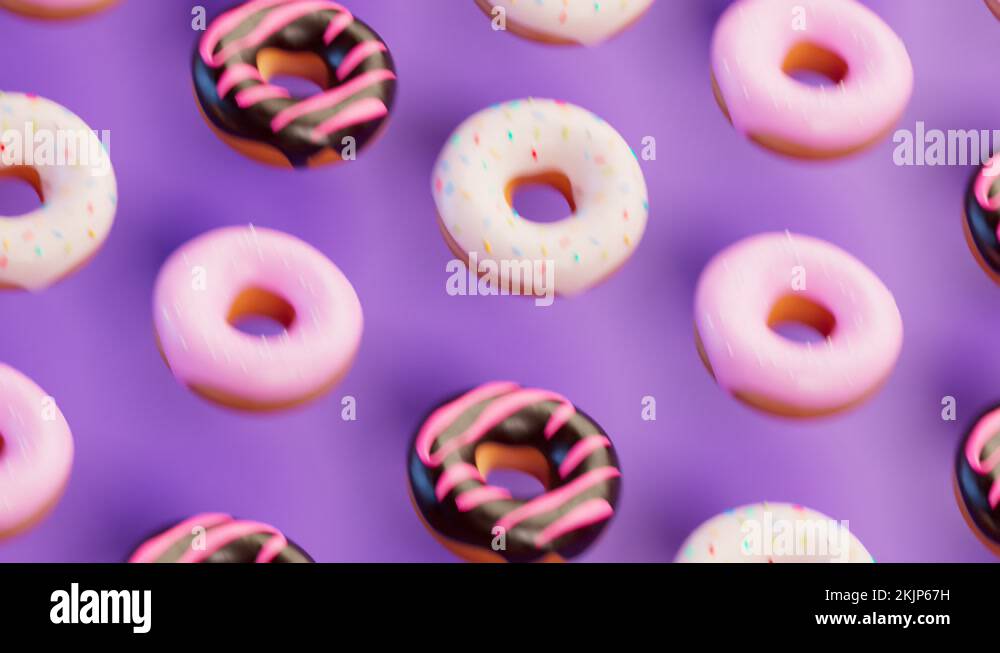 Seamless loop animation of jumping donuts. Colourful various decorated ...