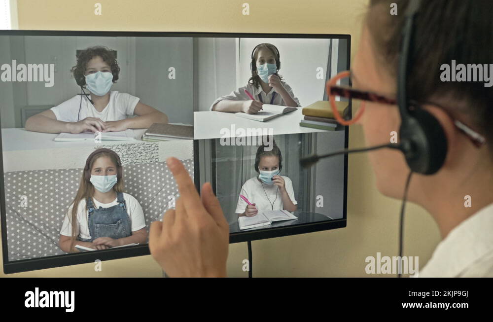 Distance learning. The teacher begins the video lesson. On the monitor ...