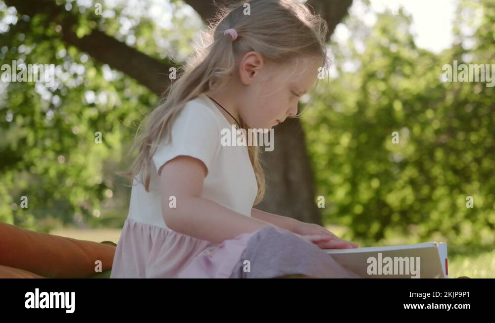 Child reads a book on the grass in a summer park. little girl leafs ...