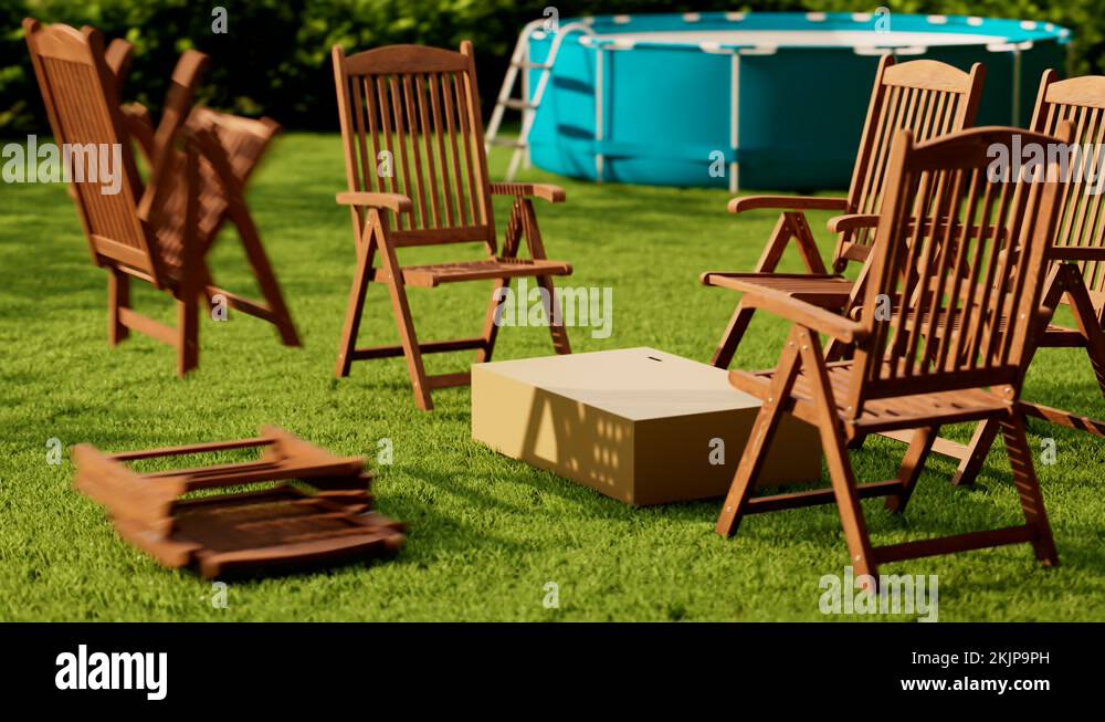 Unpacking garden party set. Barbeque. Grill, swing, table, chairs.Time ...