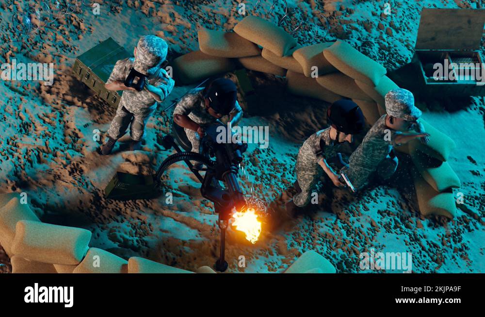 Military guys in a trench with wires are attacking a target. Fighting ...