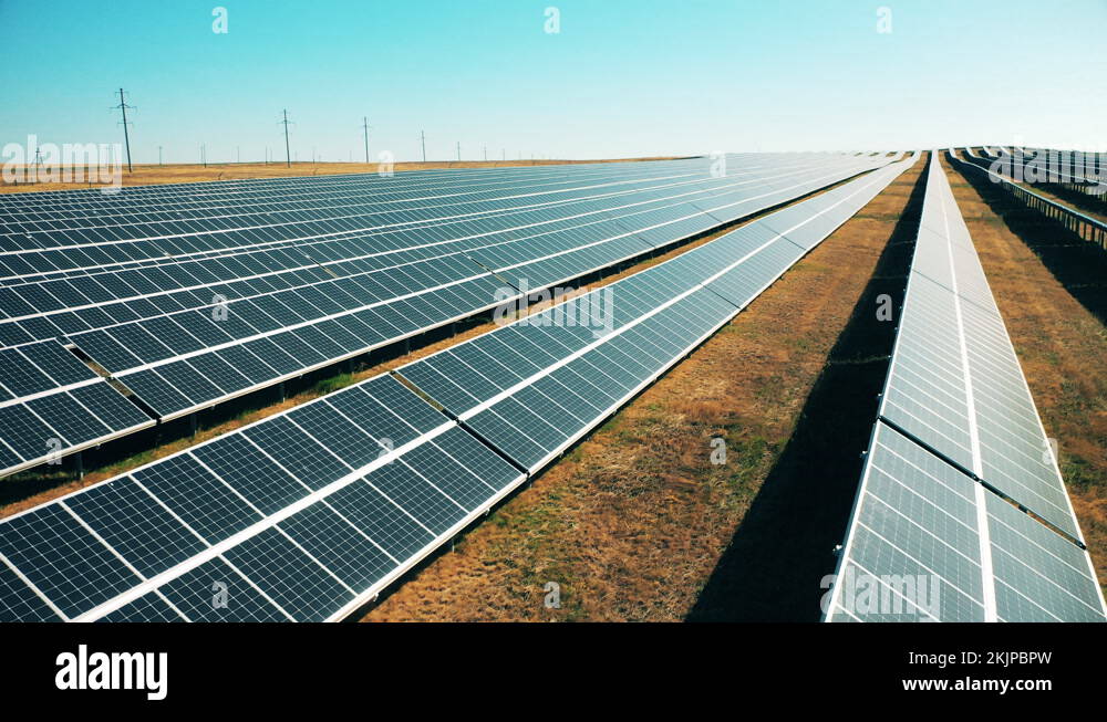 Solar electric plant with multiple rows of panels. Solar cells ...