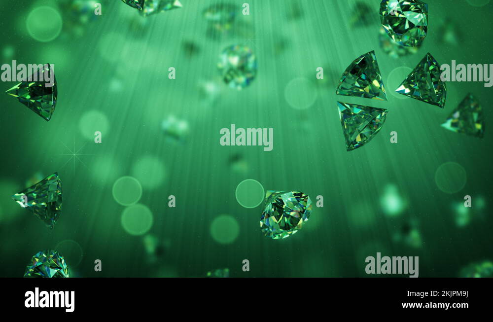 Emerald green brilliants are falling 3D render seamless loop animation ...