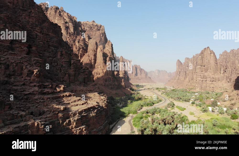 Aerial view of the natural wonder of Wadi Al Disah Valley in Tabuk ...