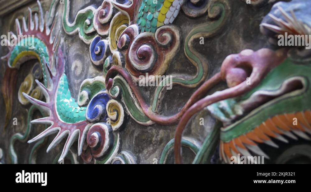 A religious and traditional Chinese dragon statue in a temple in Taiwan ...