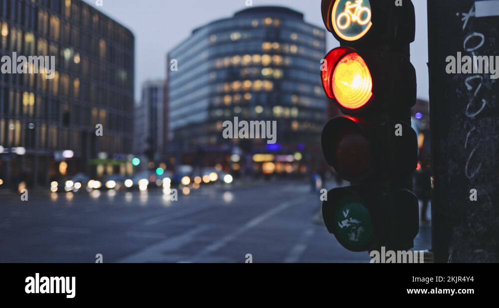 Traffic Light Changes from Red to Green on City Intersection. SLOW ...