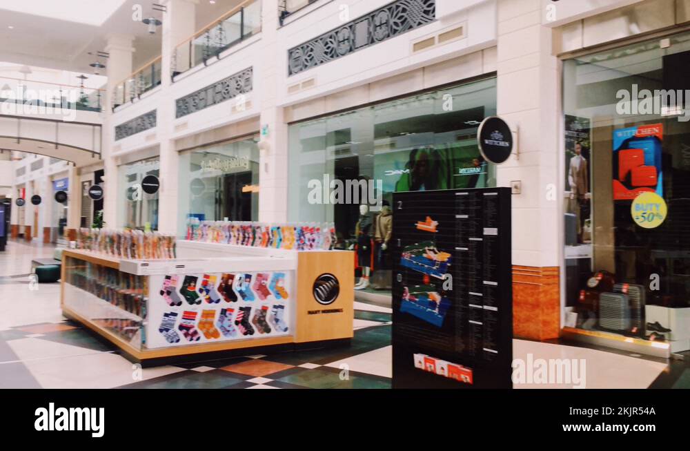 Empty shopping mall, closed shops, stores and boutiques during lockdown ...