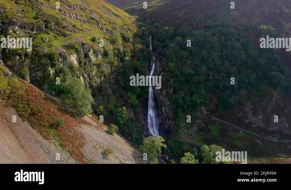 Cinematic Drone Aerial Of Aber Falls Waterfall, North Wales Stock Video ...
