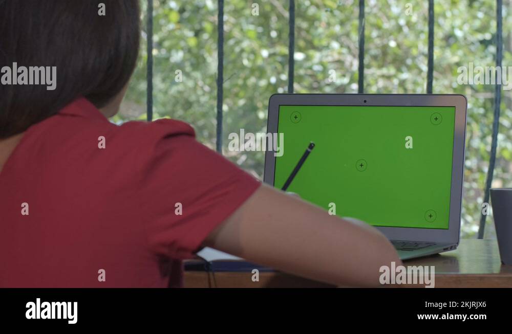 Back view of a business woman working at home. Green screen computer ...