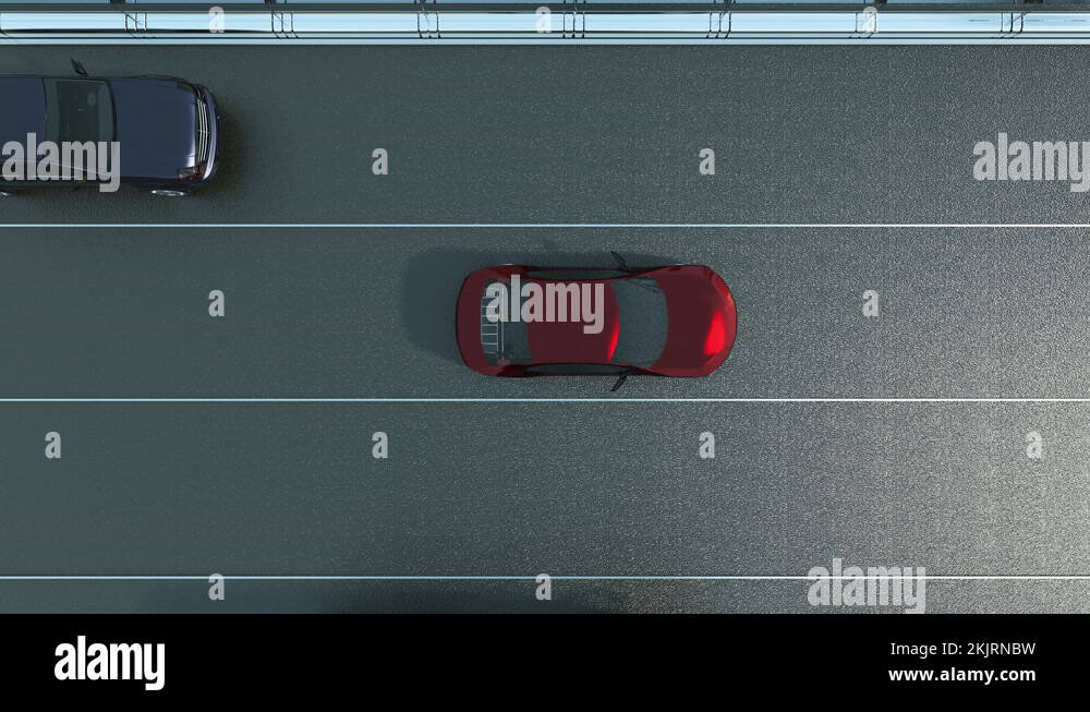 Autonomous driving electric battery car driving highway, Top view, 4k ...