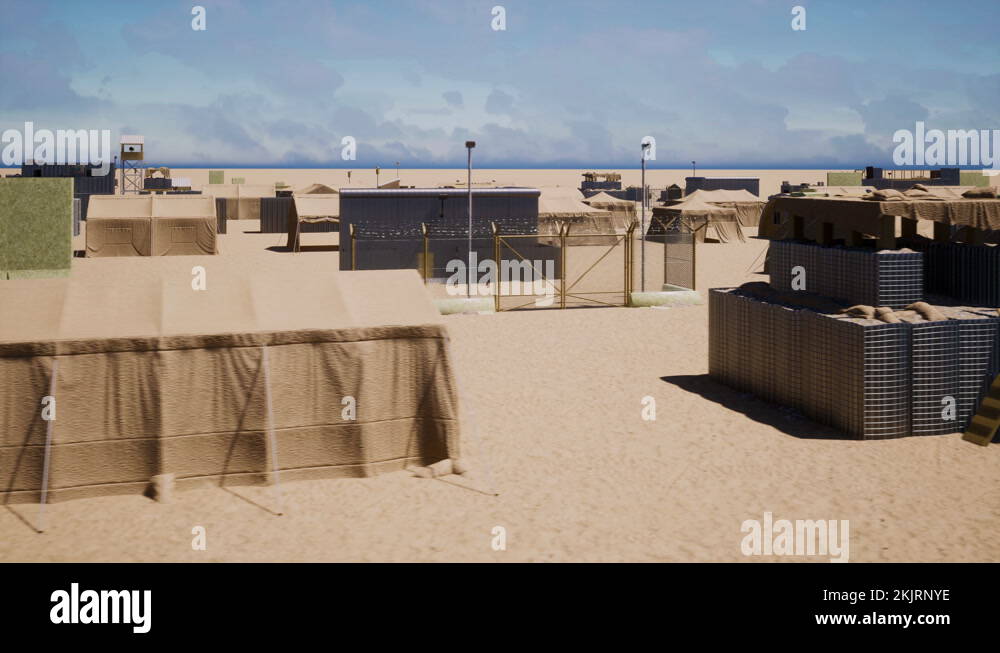 An aerial view over an abandoned army camp in the middle of the desert ...