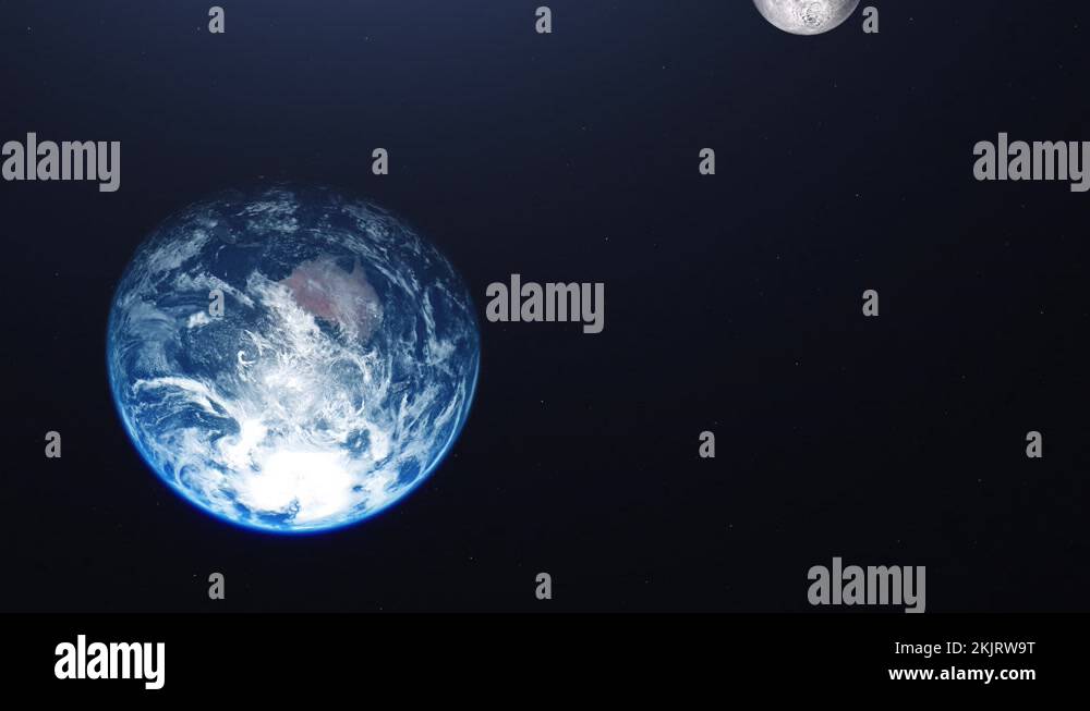 Moon rotating around earth planet view from space black background ...