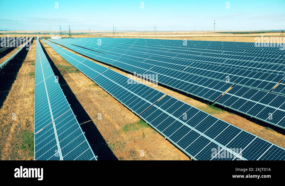 Solar power, solar panel, solar farm concept. Solar power field with ...