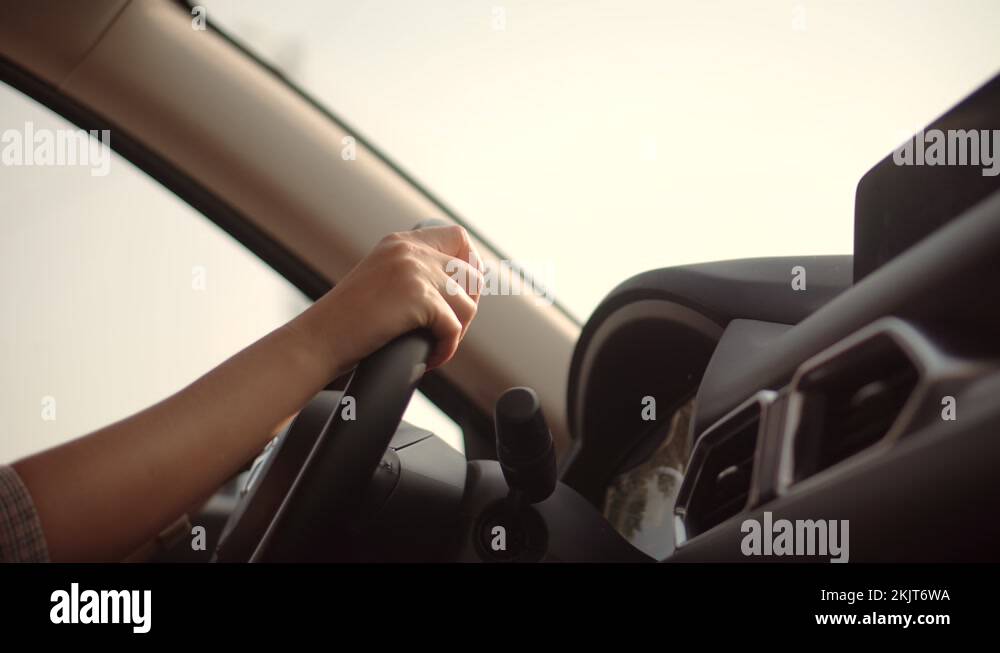 Woman Driver Turning Steering Wheel In Car.Female Driving Auto Stock ...